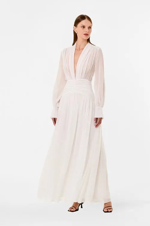 NICHOLAS Jocelyn Silk Maxi Dress With Plunging Neckline And Ruched Waist - Ivory