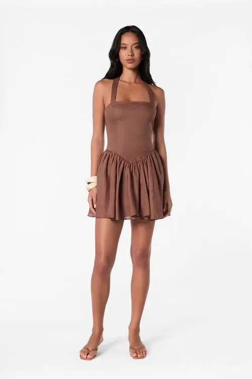 NICHOLAS Amalie Linen Drop-waist Mini Dress - Mocha
