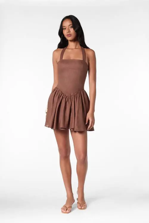 NICHOLAS Amalie Linen Drop-waist Mini Dress - Mocha