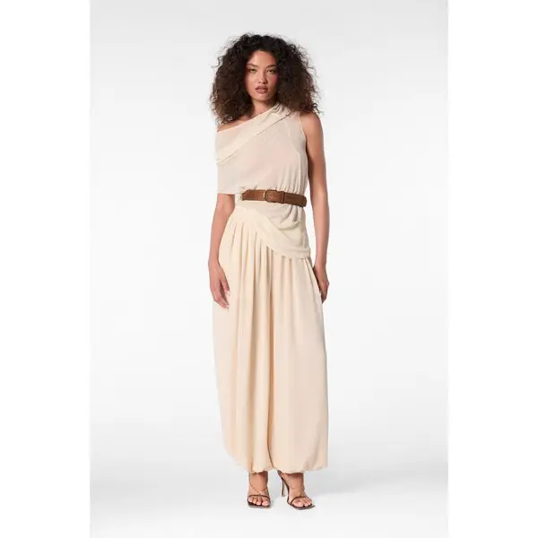NICHOLAS Asymmetric Neckline Draped Georgette Top - Ecru