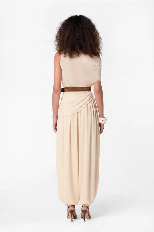 NICHOLAS Asymmetric Neckline Draped Georgette Top - Ecru