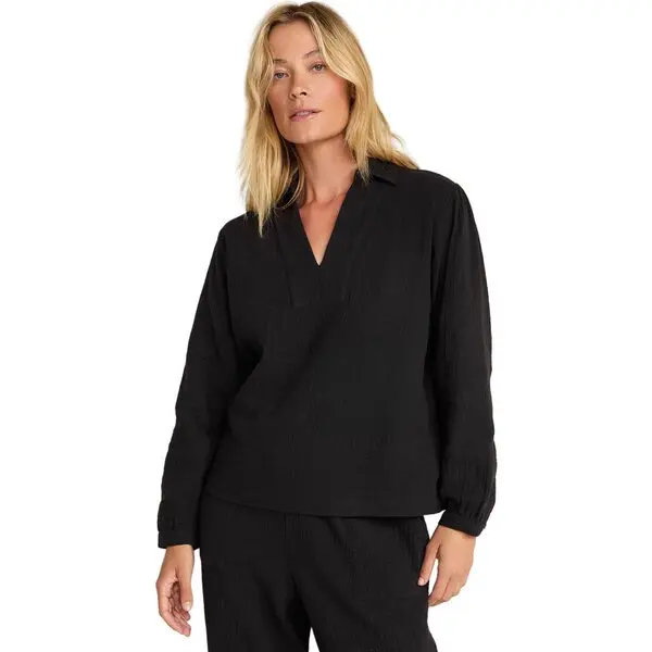 HAVEN WELL WITHIN Textured Cotton Gauze Collared Top - Black