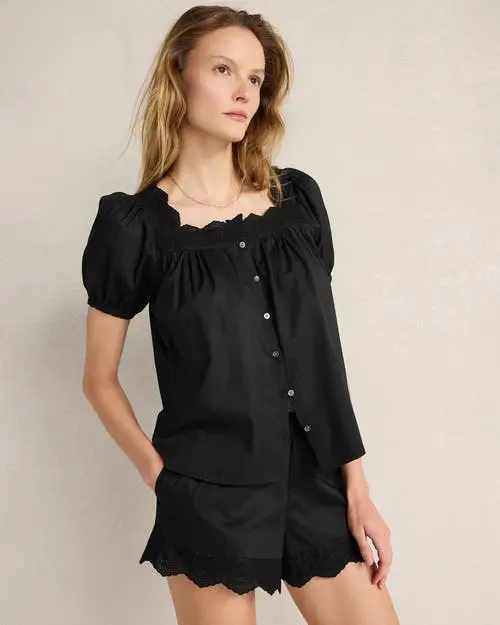 HAVEN WELL WITHIN Organic Cotton Poplin Embroidered Short Sleeve Top - Black
