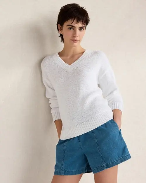 HAVEN WELL WITHIN Cotton Blend Tape Yarn V-neck Sweater - White