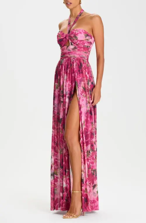 NADINE MERABI Floral Print Ruched Halter Gown