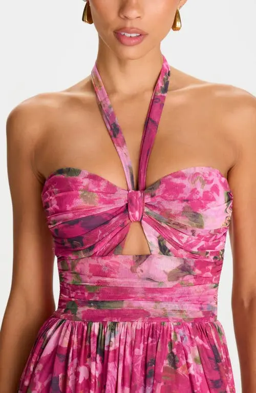 NADINE MERABI Floral Print Ruched Halter Gown