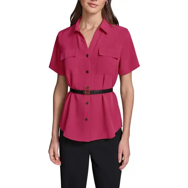 Karl Lagerfeld Paris Belted Button-up Shirt - Currant