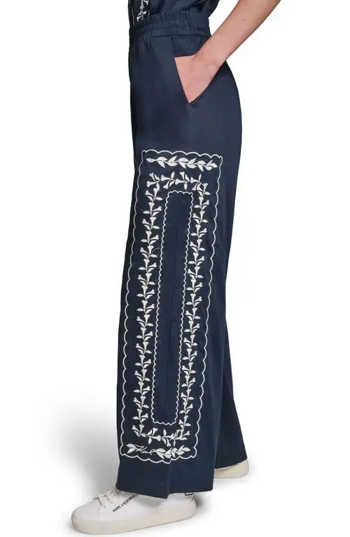 Karl Lagerfeld Paris Embroidered Wide Leg Trousers - Midnight Navy