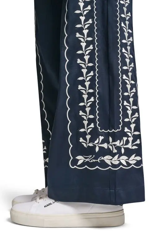 Karl Lagerfeld Paris Embroidered Wide Leg Trousers - Midnight Navy