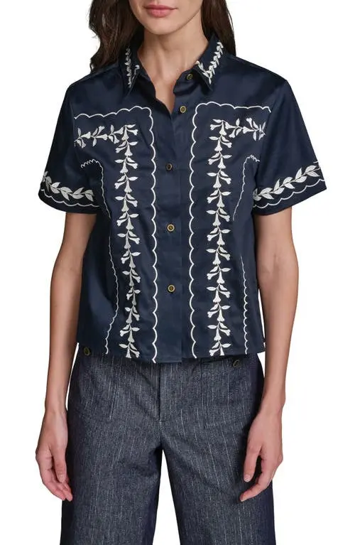Karl Lagerfeld Paris Embroidered Cotton Sateen Short Sleeve Shirt - Midnight Navy