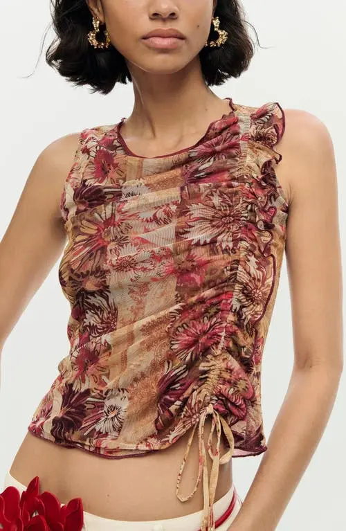 Desigual Sleeveless Floral Print Crop Top With Tie Detail