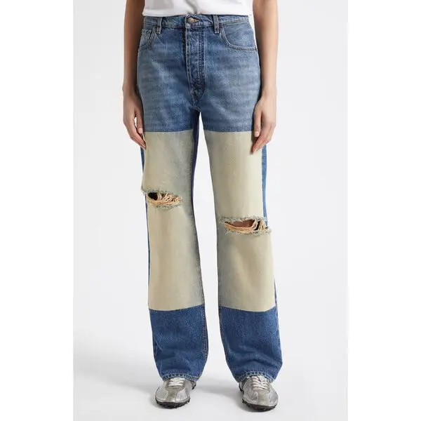 MAISON MARGIELA Ripped High Waist Patchwork Panel Straight Leg Jeans