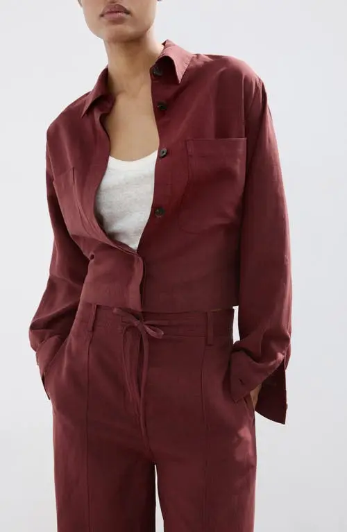 Mango Lyocell & Linen Boxy Shirt With Spread Collar And Patch Pockets - Burnt Orange