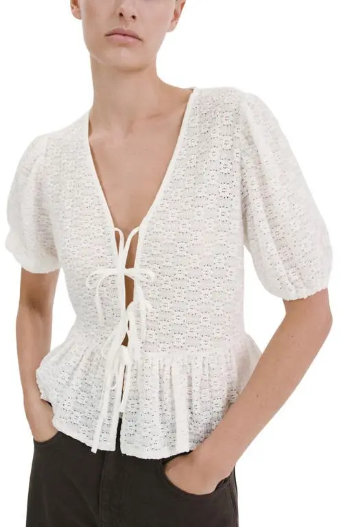 Mango Eyelet Embroidery Tie-front Peplum Shirt - Off White