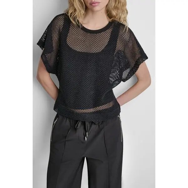 Dkny Dolman Sleeve Open Stitch Top - Black