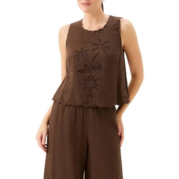 Fifteen Twenty Elina Embroidered Sleeveless Top - Brown