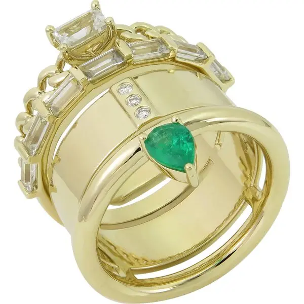 TYPE JEWELRY Stacked Emerald, Sapphire, And Diamond Ring In 14k Gold - Green