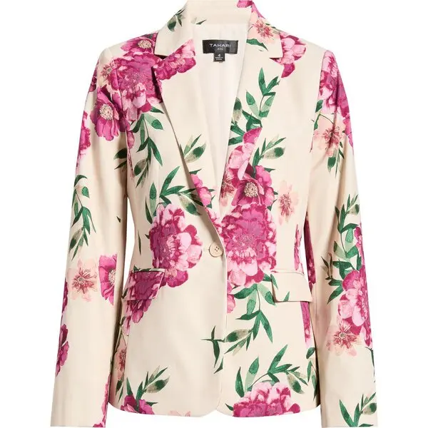 TAHARI ASL Floral Print One-button Blazer - Sand Berry Floral