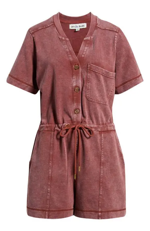 CITY BLUES Short Sleeve Drawstring Romper - Paprika