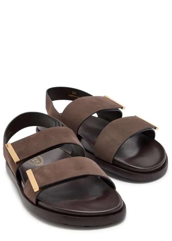 TOD'S Nubuck Sandals With Designer Plaques - Brown