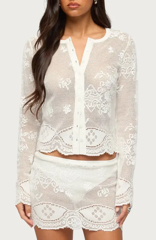 EDIKTED Sheer Open Stitch Button-up Shirt With Scalloped Edges - White