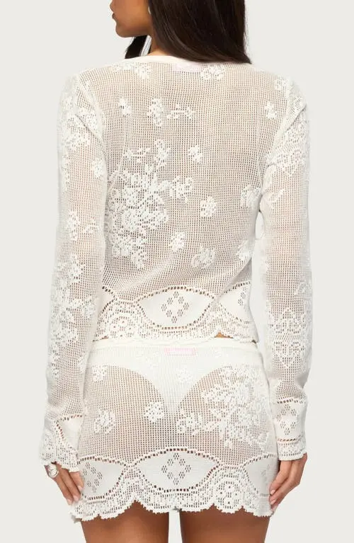 EDIKTED Sheer Open Stitch Button-up Shirt With Scalloped Edges
