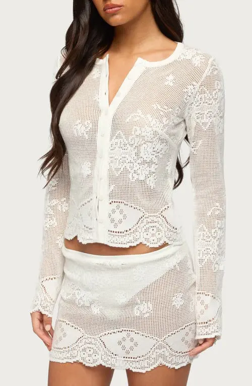 EDIKTED Sheer Open Stitch Button-up Shirt With Scalloped Edges