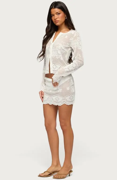 EDIKTED Sheer Open Stitch Button-up Shirt With Scalloped Edges