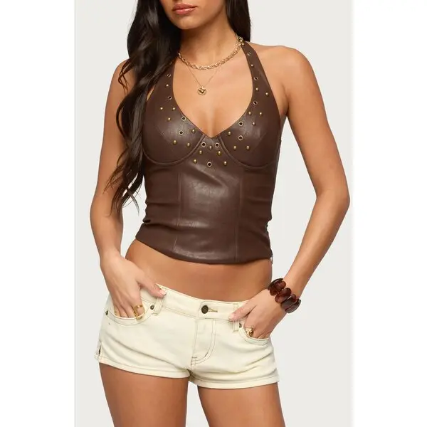 EDIKTED Studded Faux Leather Halter Top