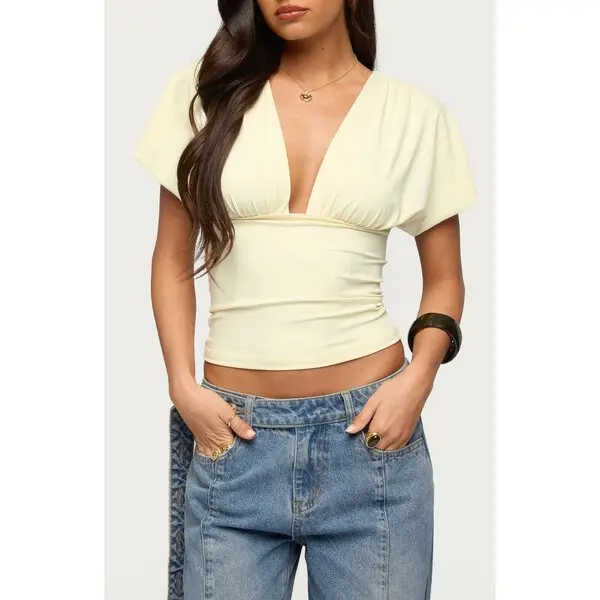 EDIKTED Flutter Sleeve Plunge V-neck Knit Top