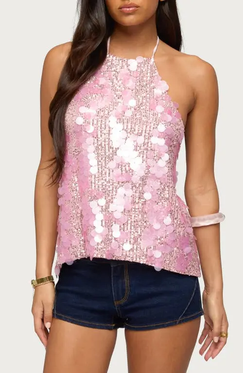 EDIKTED Halter Neck Sequin Top With Open Back