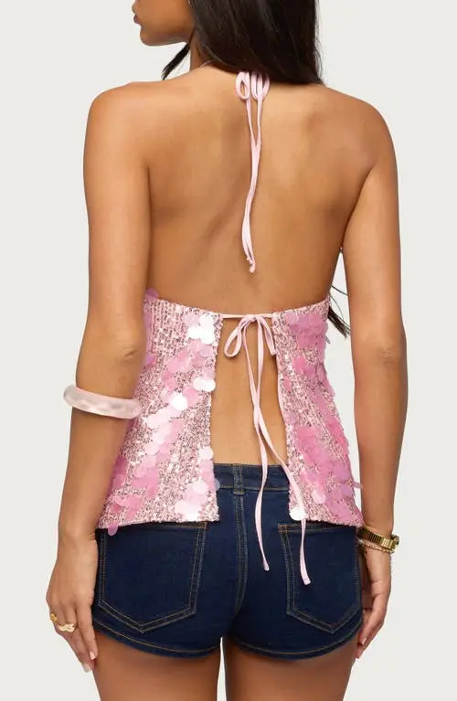 EDIKTED Halter Neck Sequin Top With Open Back