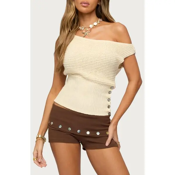 EDIKTED Off-the-shoulder Button Detail Knit Top