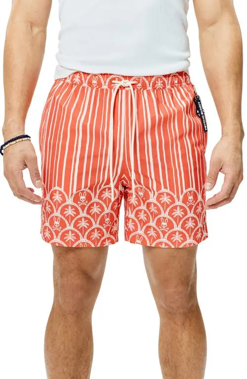 Psycho Bunny Palm Tree & Bunny Print Swim Trunks - Emberglow