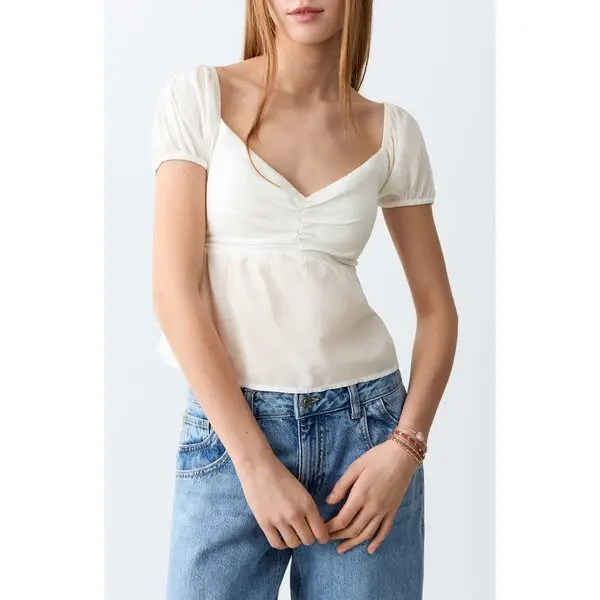 Mango Puff Sleeve Cotton Crop Top With Criss-cross Back - Off White