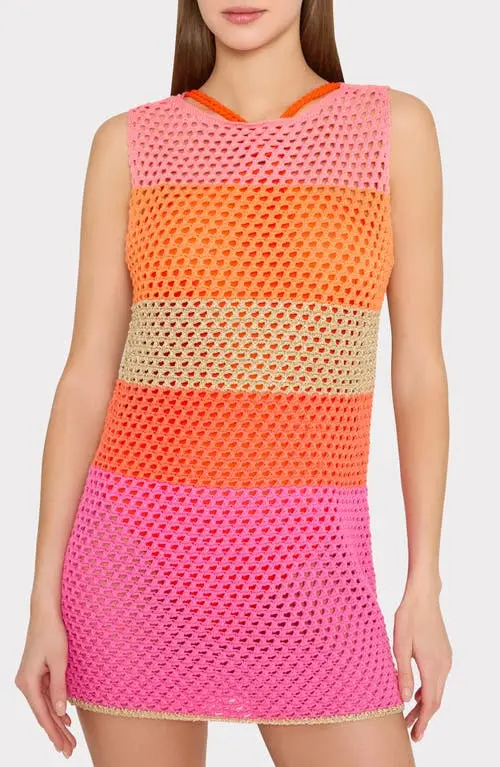 MILLY Metallic Stripe Sheer Cotton Blend Open Stitch Cover-up Minidress