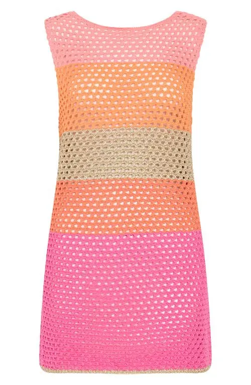 MILLY Metallic Stripe Sheer Cotton Blend Open Stitch Cover-up Minidress