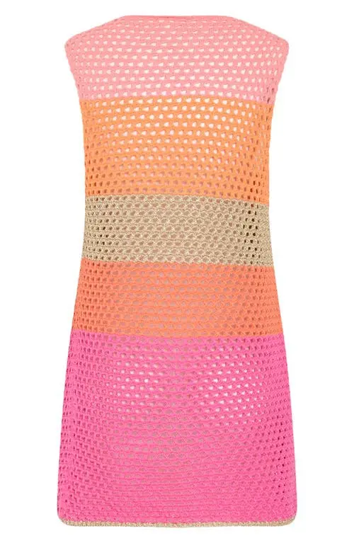 MILLY Metallic Stripe Sheer Cotton Blend Open Stitch Cover-up Minidress