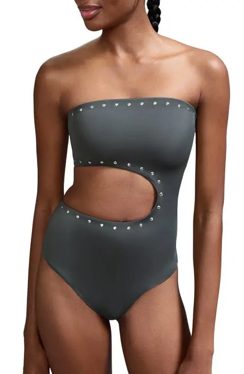 Mango Studded Asymmetrical Cutout One Piece Swimsuit - Charcoal