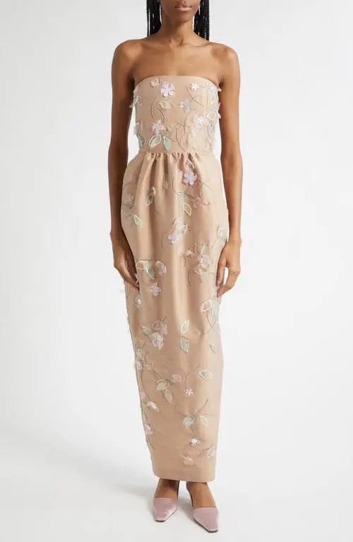 Bernadette Lena Beaded Appliqué Strapless Dress - Clematis Embroidery On Beige