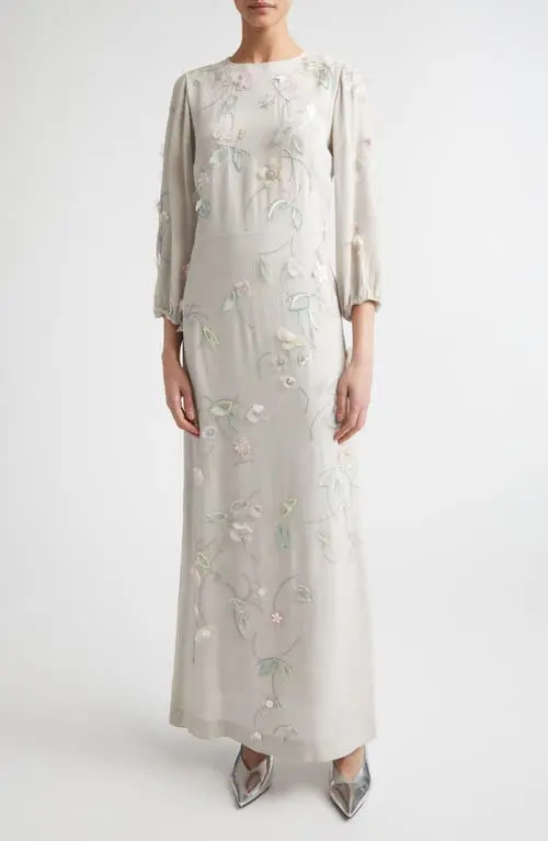 Bernadette Embroidered Crinkle Maxi Dress - Clematis Embroidery On Pearl