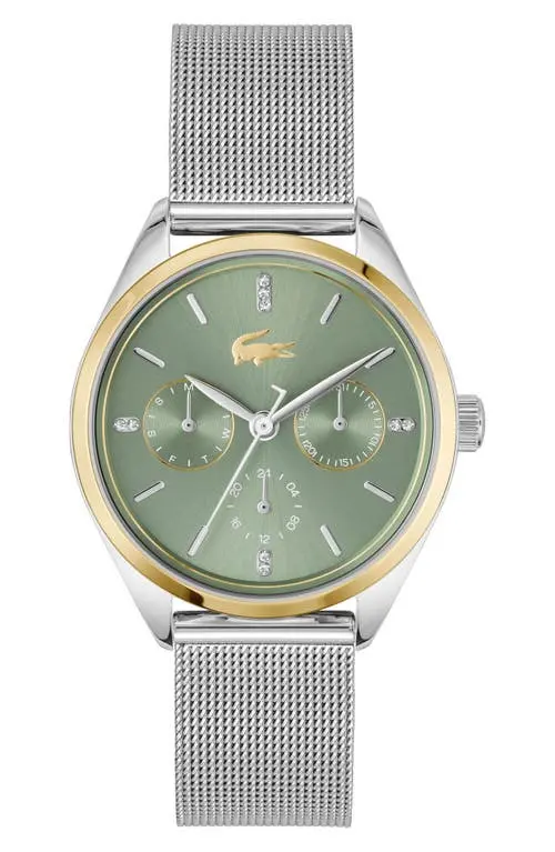 Lacoste Multifunction Mesh Strap Watch With Goldtone Bezel And Crystal Markers - Silver