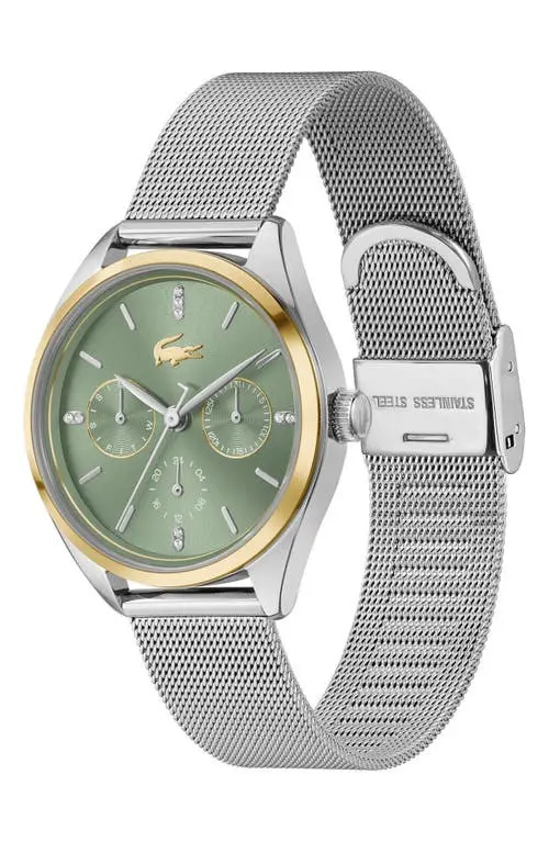 Lacoste Multifunction Mesh Strap Watch With Goldtone Bezel And Crystal Markers