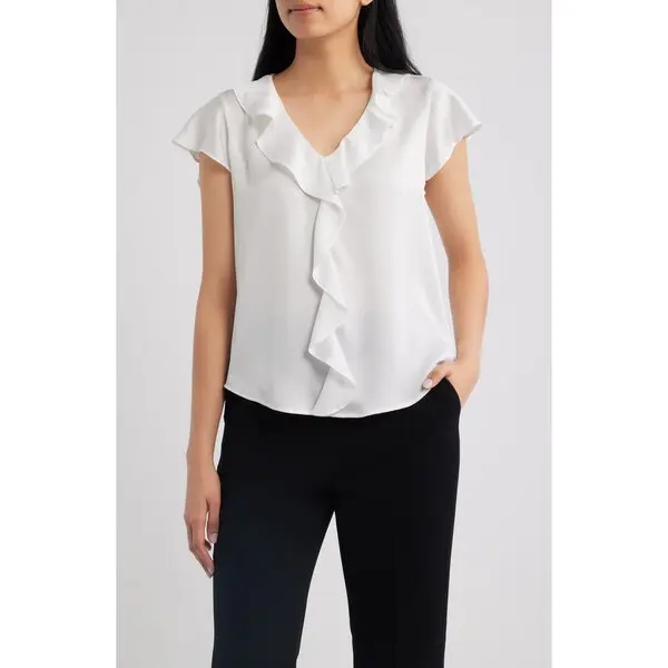 TAHARI ASL Ruffle Flutter Satin Top - Ivory