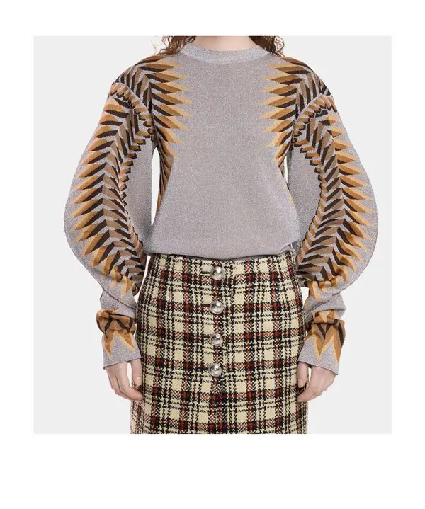 Rabanne Long Sleeve Lurex Jacquard Jumper With Patterned Sleeves - Silver/brown