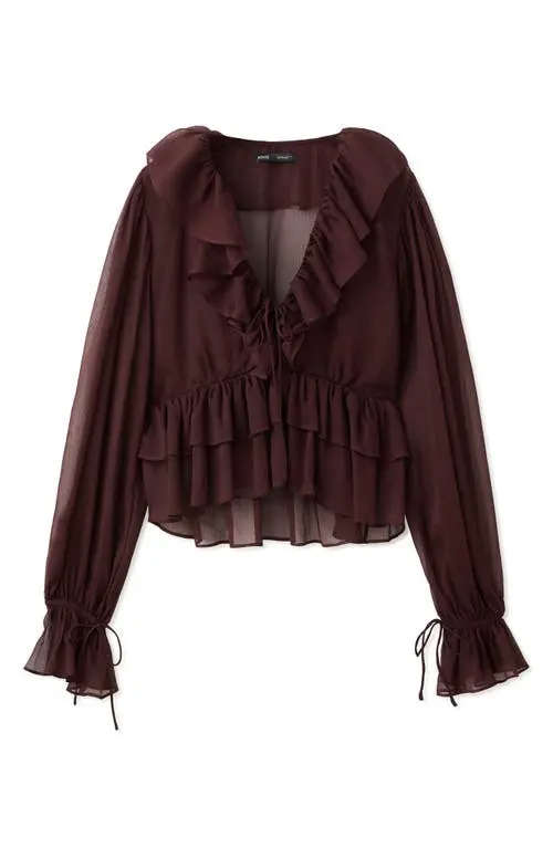 Mango Sheer Ruffle Front Blouse - Chocolate
