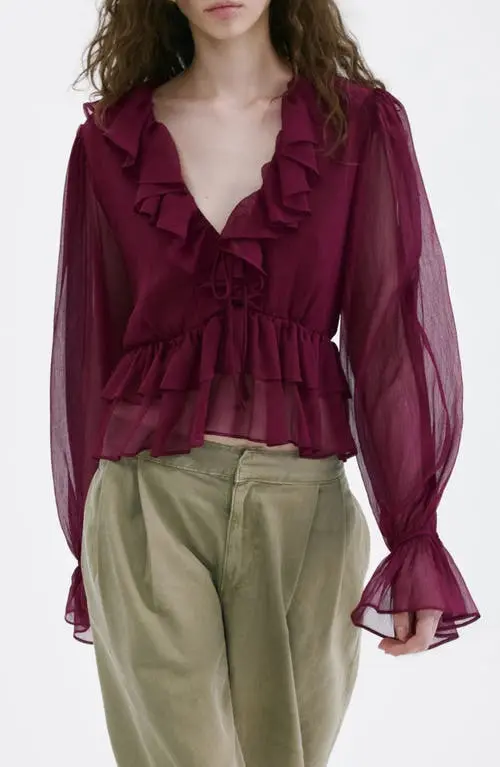 Mango Sheer Ruffle Front Blouse - Maroon