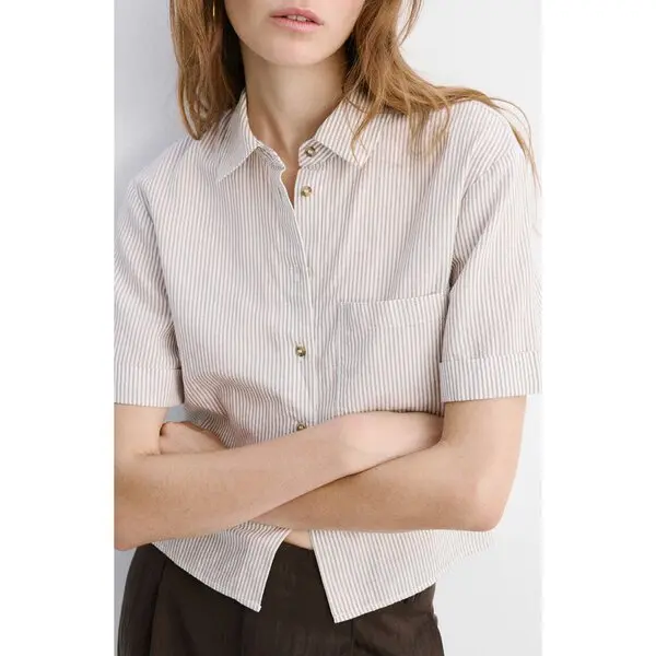 Mango Striped Cropped Shirt - Sand