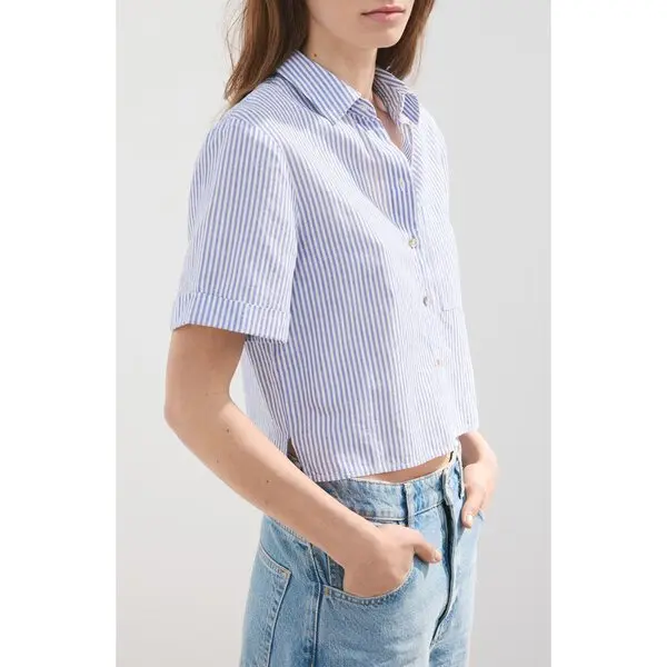 Mango Striped Cropped Shirt - Sky Blue