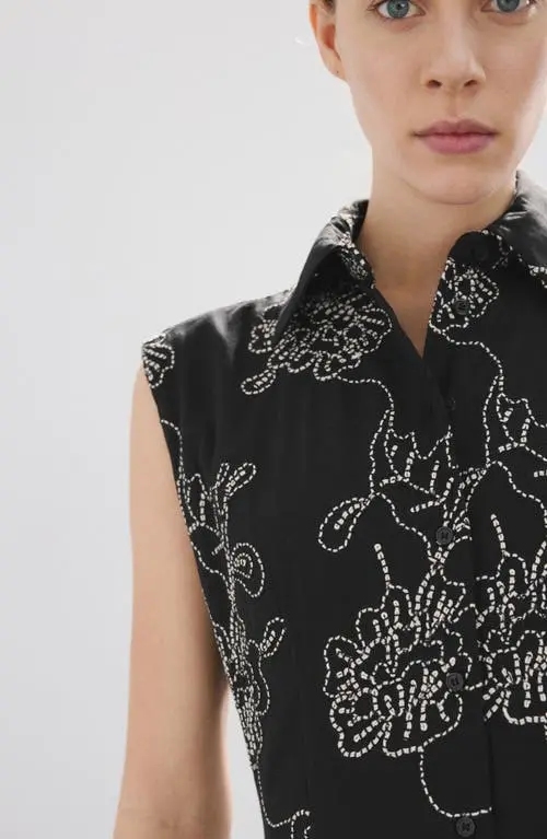 Mango Floral Embroidered Sleeveless Midi Shirt Dress